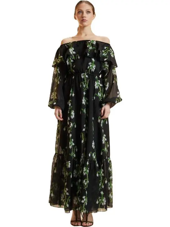 Cynthia Rowley Off-shoulder Floral Maxi Dress - Black Vine Floral