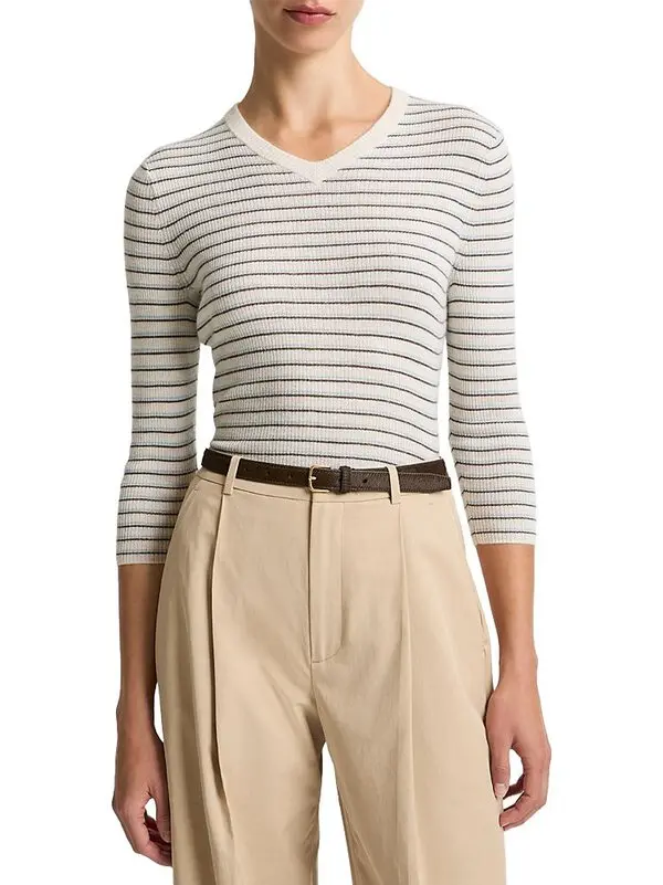 Vince Striped High V-neck Top - Clearwater