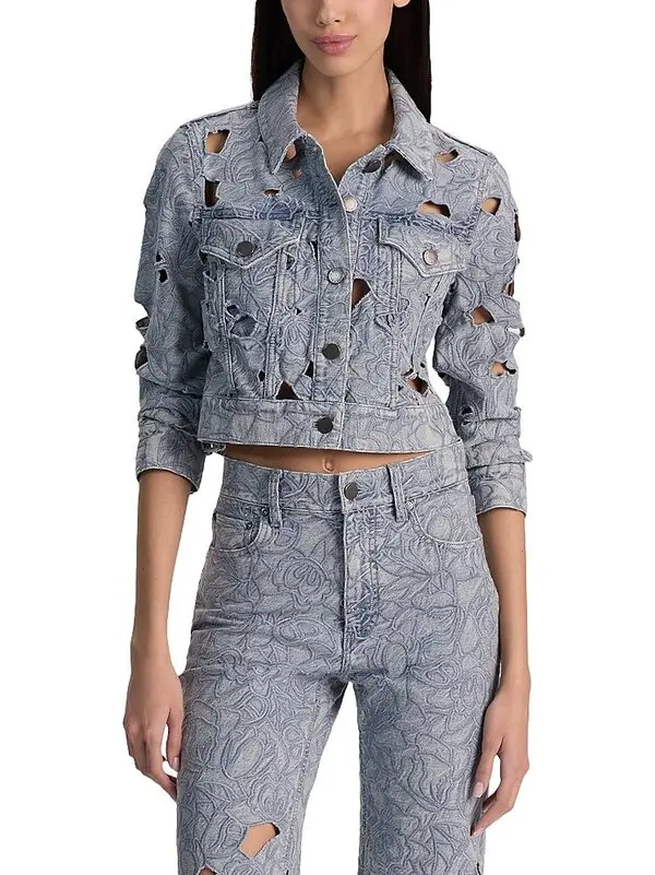 Alice + Olivia Embroidered Denim Cropped Jacket - Rockstar Blue