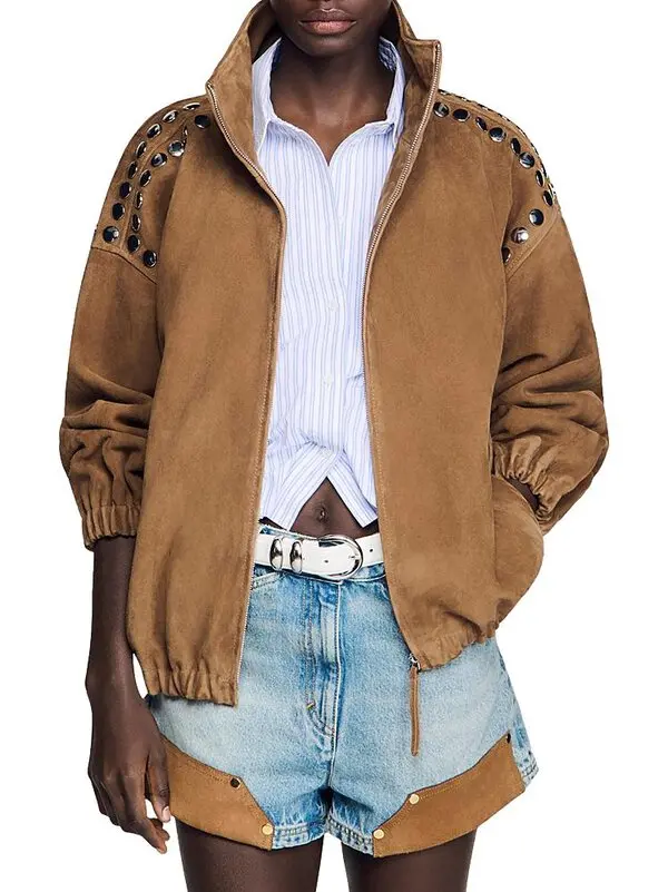 Sandro Studded Suede Jacket - Camel