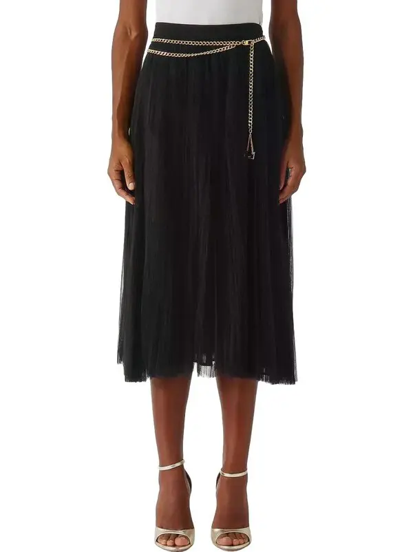 Elisabetta Franchi Pleated Tulle Skirt With Chain Belt - Black
