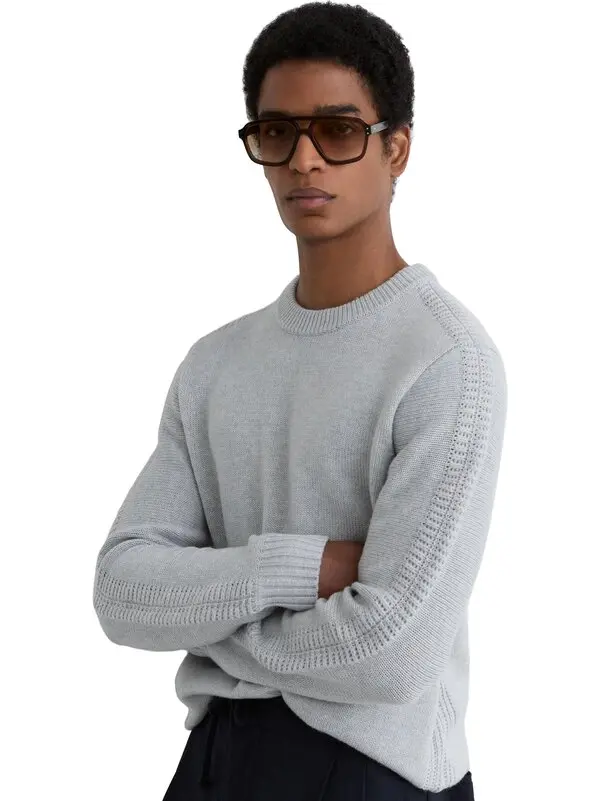 REISS Wool-blend Crew-neck Jumper With Ribbed Detail - Soft Grey