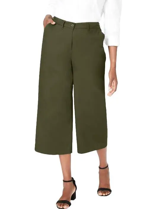 JESSICA LONDON Stretch Cotton Chino Wide-leg Crop - Dark Olive Green
