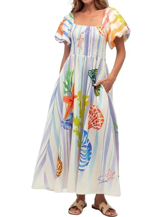 LABEL OF LOVE Ocean Print Puff Sleeve Maxi Dress - Blue