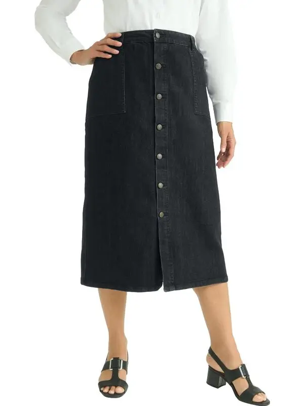 JESSICA LONDON True Fit Button-front Midi Skirt - Black