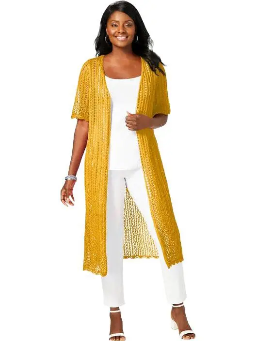 JESSICA LONDON Scalloped Crochet Sweater Duster - Sunset Yellow