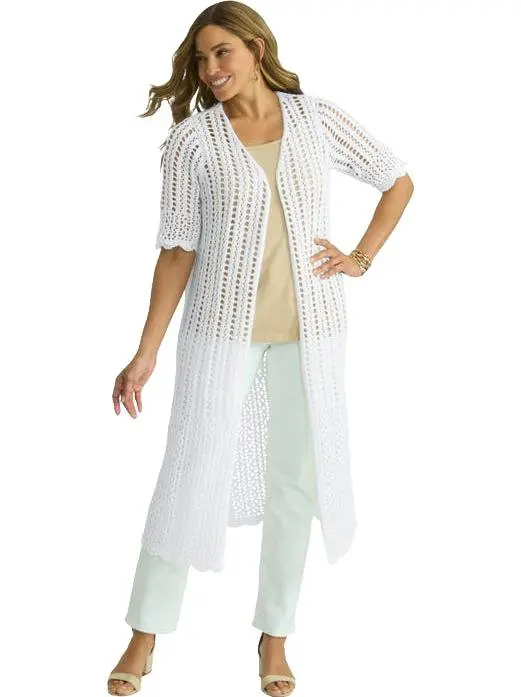 JESSICA LONDON Scalloped Crochet Sweater Duster - White