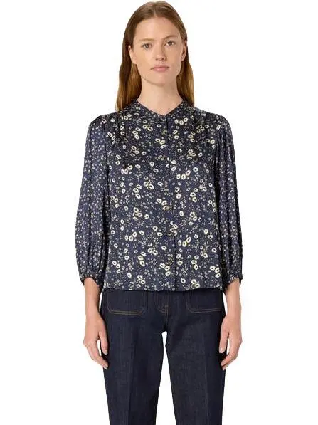 Gerard Darel Anaelle Floral Mandarin Collar Shirt - Navy Blue