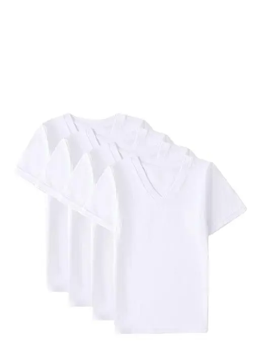 MEMOI 4 Pack Cotton Rich V-neck Short Sleeve Undershirts - White