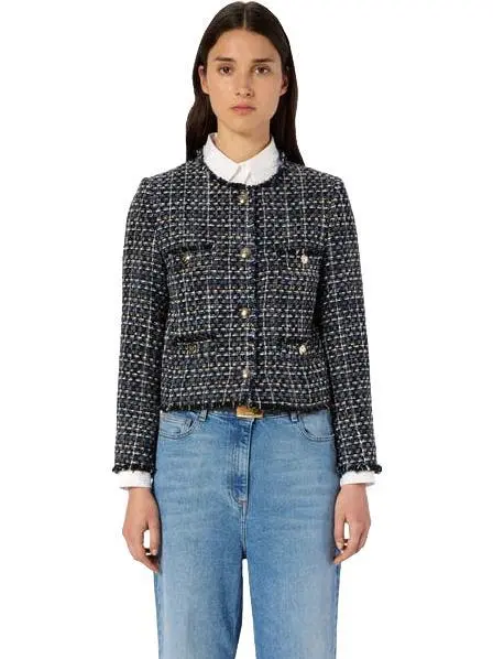 Gerard Darel Naya Cropped Tweed Bouclé Jacket - Indigo
