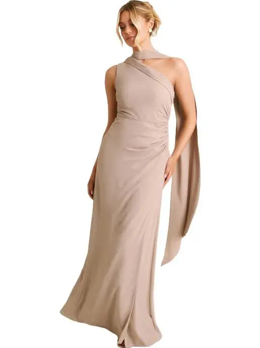 SIX STORIES One-shoulder Chiffon Gown - Truffle