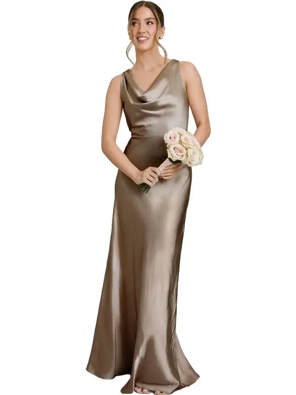 SIX STORIES Satin Cowl Front Bridesmaid Dress - Truffle