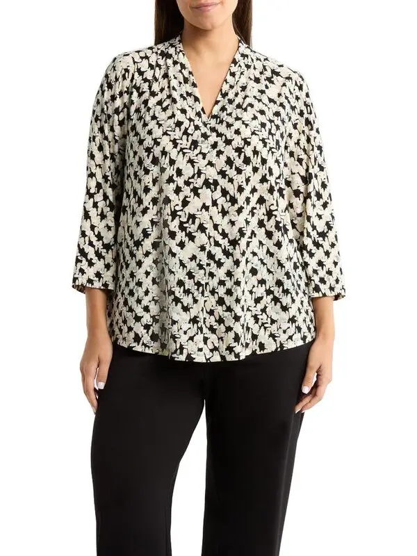 Anne Klein Printed Pleat Three-quarter Sleeve Top - Anne Black/beige Multi