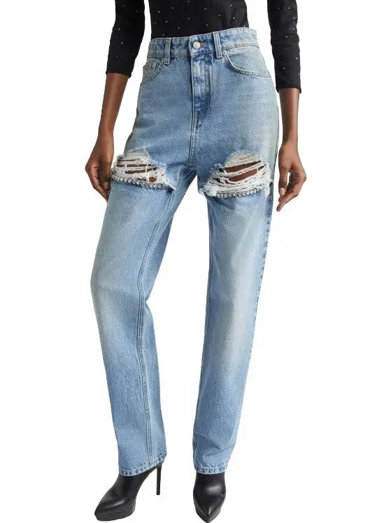 AREA Crystal Slit Frayed Straight Leg Jeans - Medium Blue