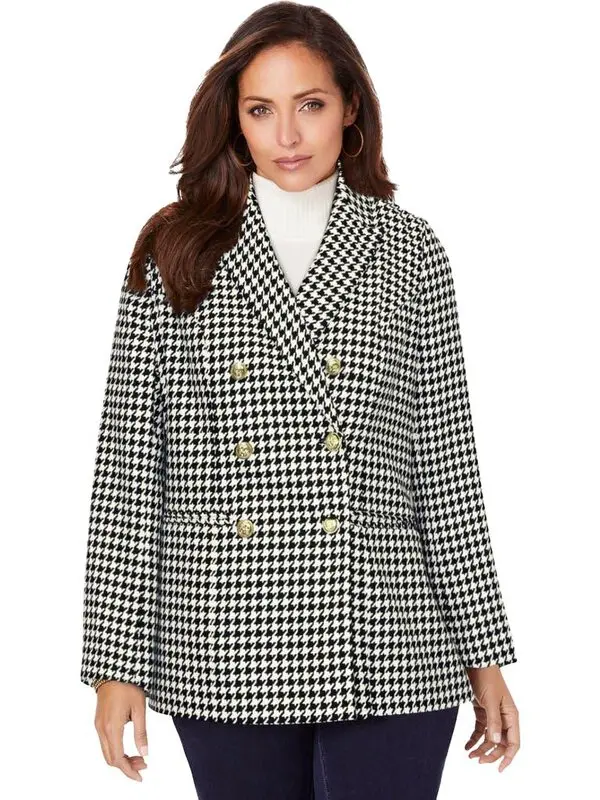 JESSICA LONDON Double Breasted Wool Blazer - Ivory Mini Houndstooth