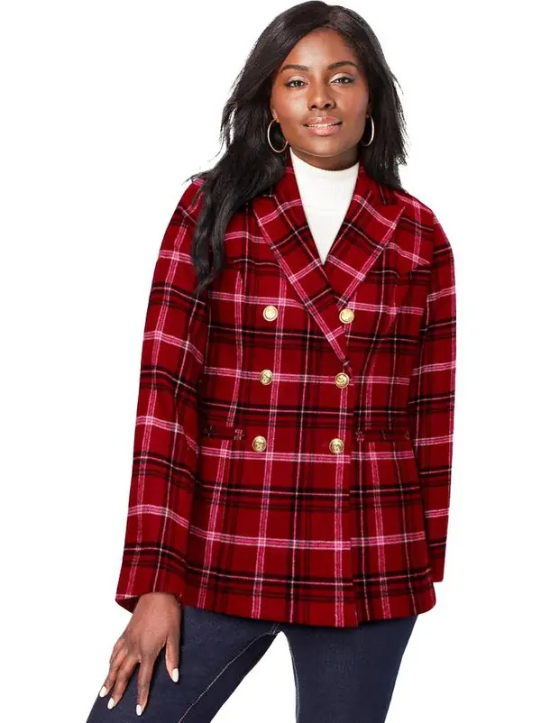 JESSICA LONDON Double Breasted Wool Blazer - Rich Burgundy Shadow Plaid
