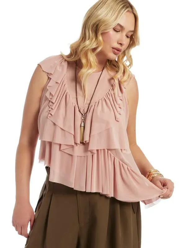 JUNE + VIE Asymmetric Ruffle Mesh Top - Sepia Rose