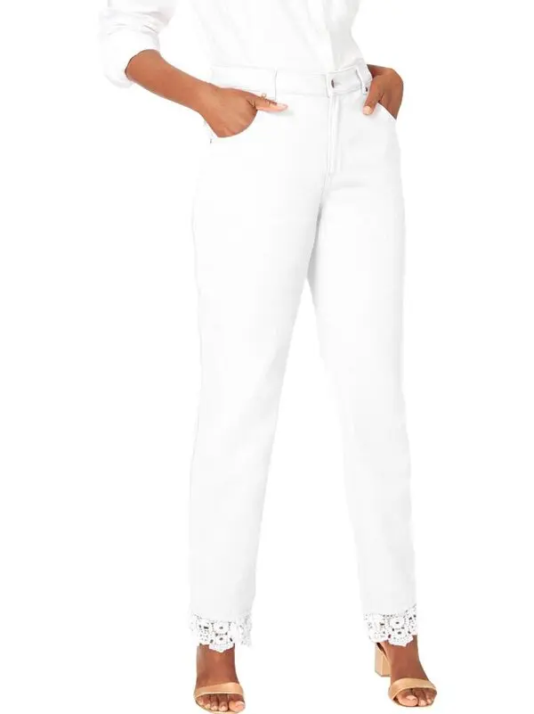 JESSICA LONDON Lace Trim Straight-leg Denim Jeans - White
