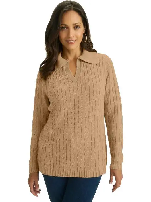 JESSICA LONDON Cable Knit Notch-neck Pullover Polo - Soft Camel