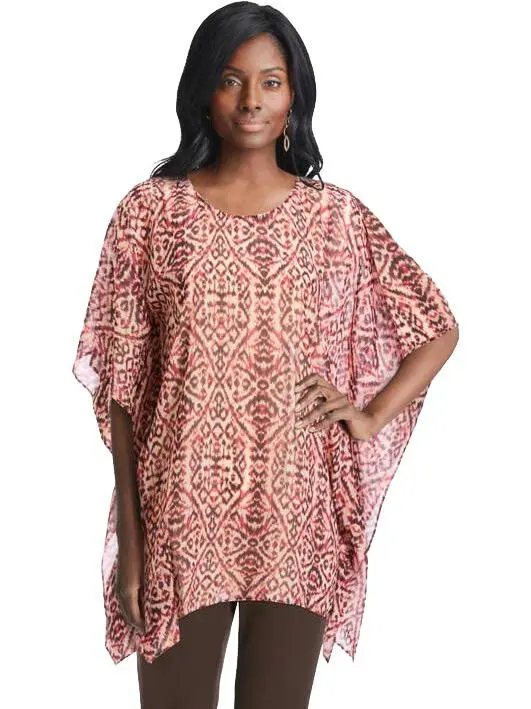 JESSICA LONDON Scoopneck Printed Kaftan Top - Red Aztec Ikat