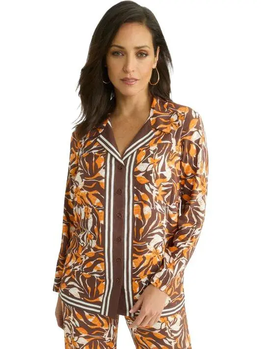 JESSICA LONDON Button-front Rayon Shirt - Rich Brown Ombre Petal