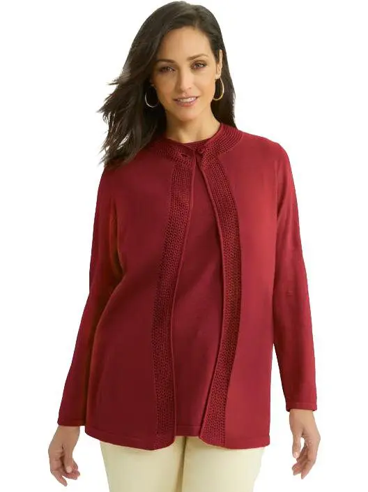 JESSICA LONDON Crochet Trim Cardigan - Rich Burgundy