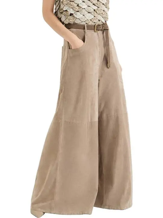 Brunello Cucinelli Suede Maxi Trousers - Beige