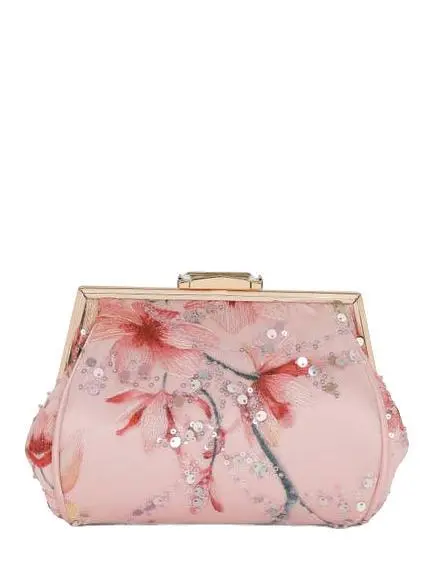 Badgley Mischka Flora Floral Embroidered And Sequin Pouch Clutch - Blush