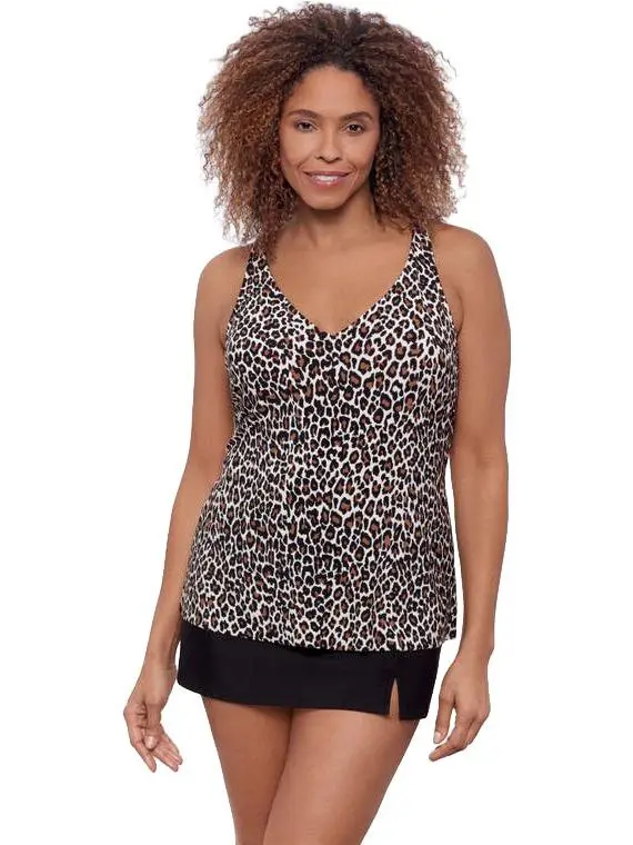 AQUA GREEN V-neck Ladder Trim Racerback Tankini Swimsuit Top - Desert Leopard