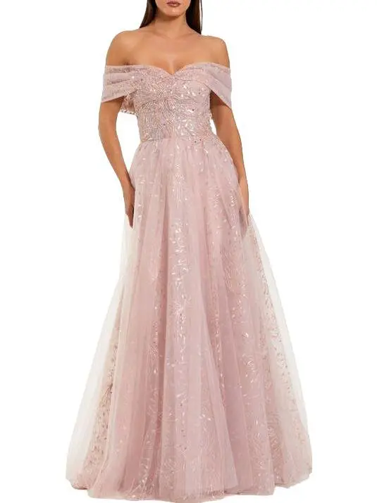 Mac Duggal Embroidered Tulle Off-the-shoulder Ballgown - Dusty Rose