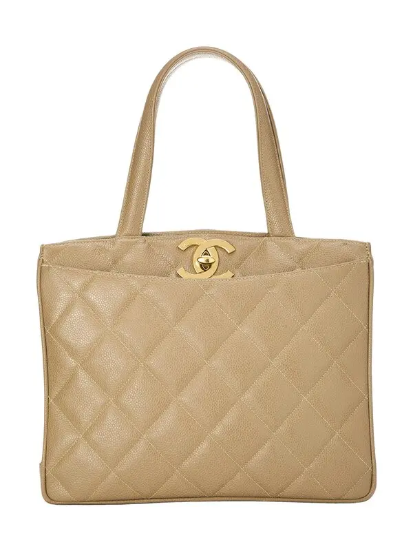 Chanel Quilted Caviar Handbag With 'cc' Turnlock - Beige