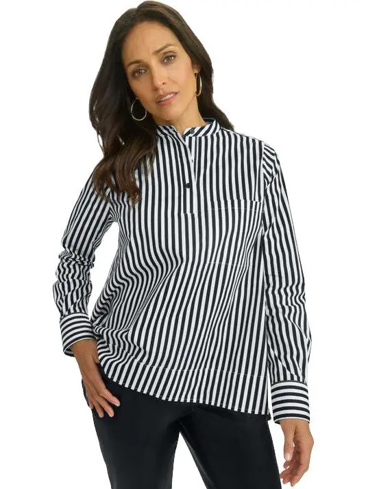 JESSICA LONDON Poplin Hi-low Henley Tunic - Black White Feeder Stripe