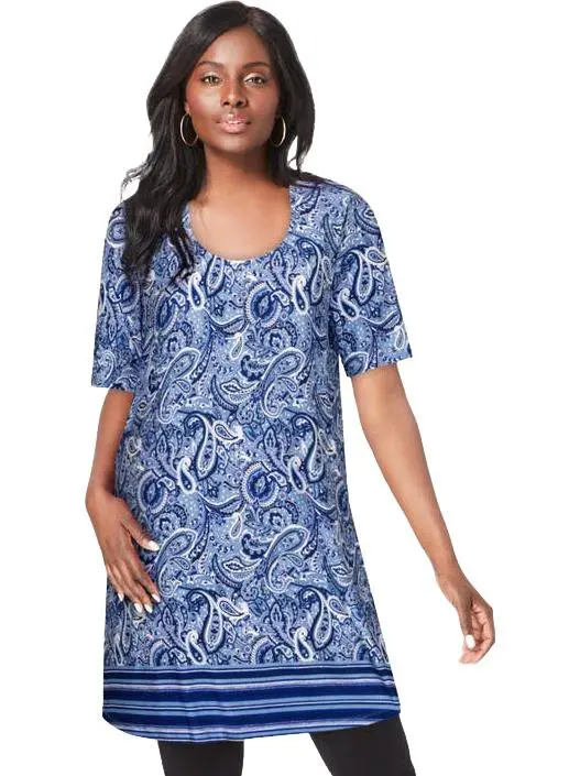 JESSICA LONDON Stretch Knit Tunic - Navy Paisley Border