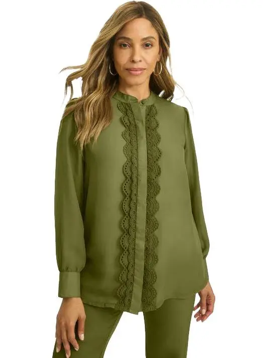 JESSICA LONDON Eyelet Trim Blouse - Moss Green