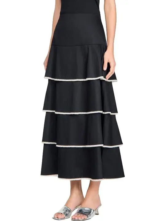 Sandro Long Ruffled Rhinestone Skirt - Black