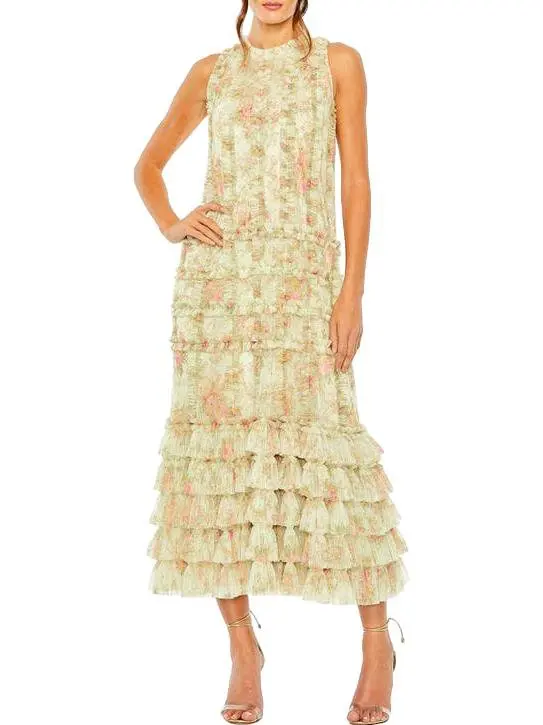 Mac Duggal Floral Tiered Ruffle Midi Dress - Sage Multi