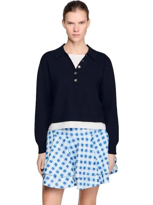 Sandro Metal Button Polo Collar Knit Top - Navy Blue