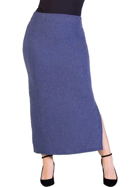 24SEVEN COMFORT APPAREL Ribbed Knit Maxi Skirt With Side Slit - Blue