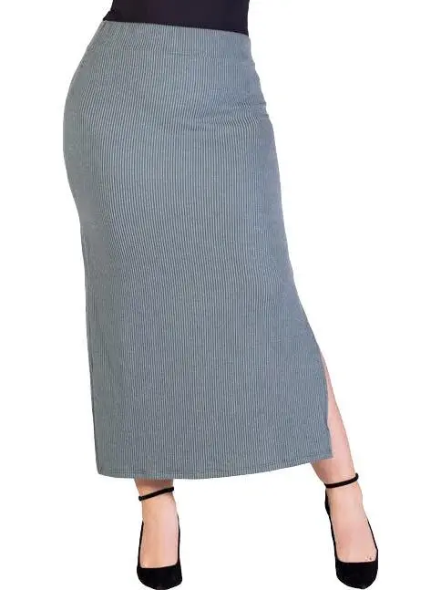 24SEVEN COMFORT APPAREL Ribbed Knit Maxi Skirt With Side Slit - Green