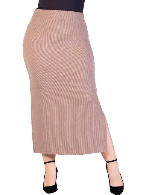 24SEVEN COMFORT APPAREL Ribbed Knit Maxi Skirt With Side Slit - Taupe