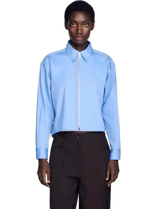 Sandro Cropped Cotton Shirt With Logo And Zip - Blue