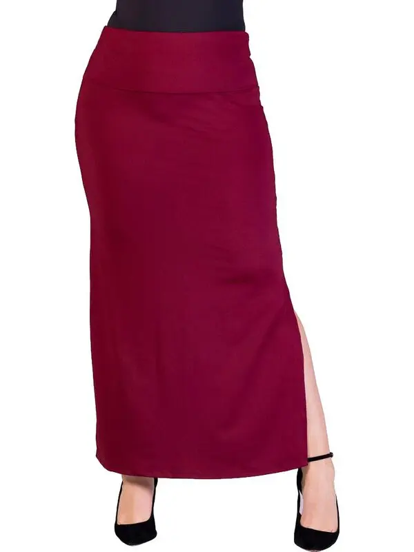 24SEVEN COMFORT APPAREL Side Slit Elastic Waist Maxi Skirt - Wine