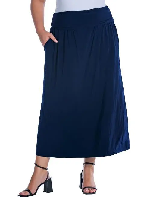 24SEVEN COMFORT APPAREL Foldover Maxi Skirt With Pockets - Navy