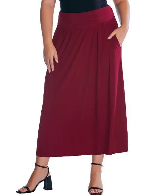 24SEVEN COMFORT APPAREL Foldover Maxi Skirt With Pockets - Wine