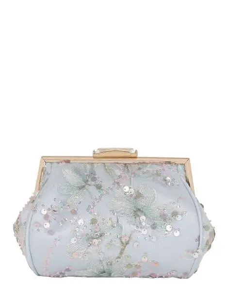 Badgley Mischka Iris Floral Embroidered Sequin Pouch Clutch - Blue