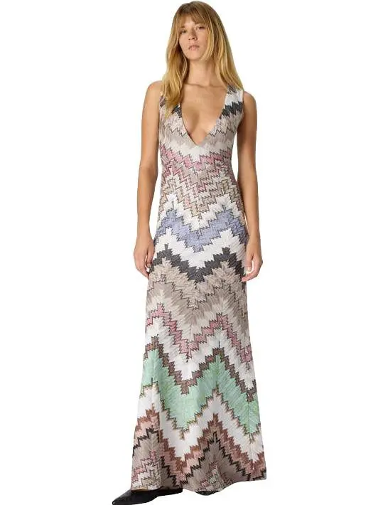 Missoni Long Sleeveless Dress In Viscose Lamé With Deep V-neck - Multicoloured