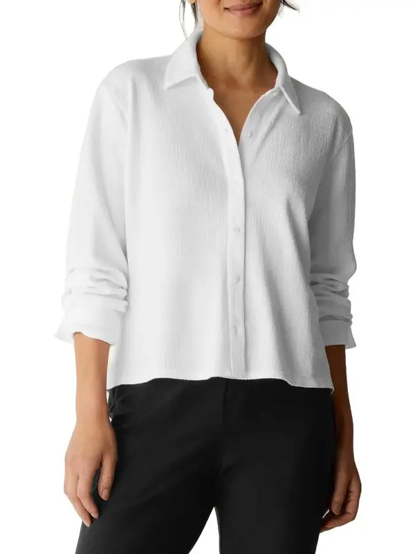 Eileen Fisher Classic Collar Crop Button-up Shirt - White