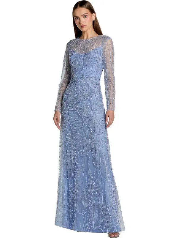Mac Duggal Beaded High Neck Long Sleeve A-line Gown - Blue