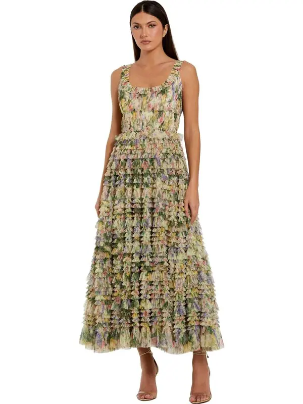 Mac Duggal Floral Printed Ruffle Midi Dress - Yellow Multi