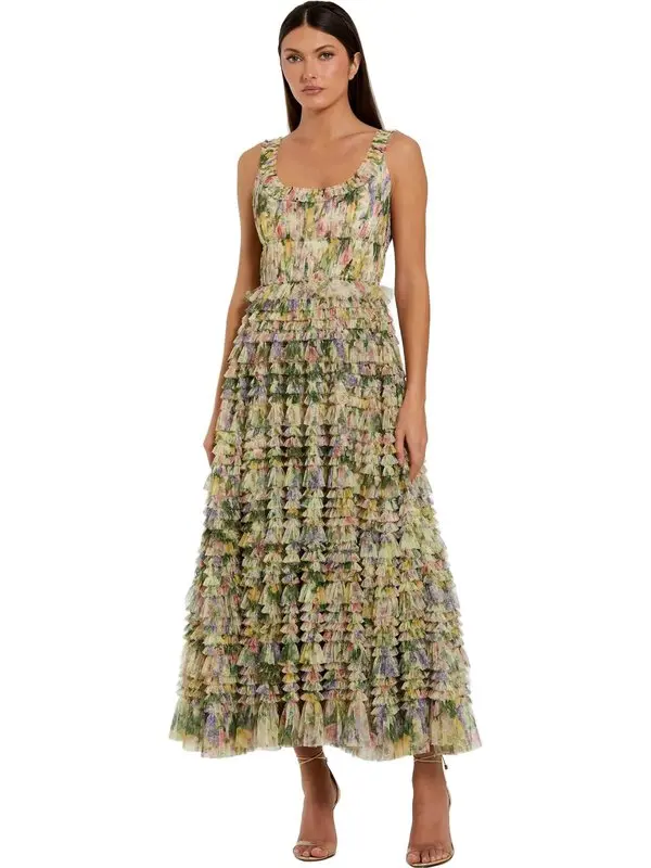 Mac Duggal Floral Printed Ruffle Midi Dress - Yellow Multi